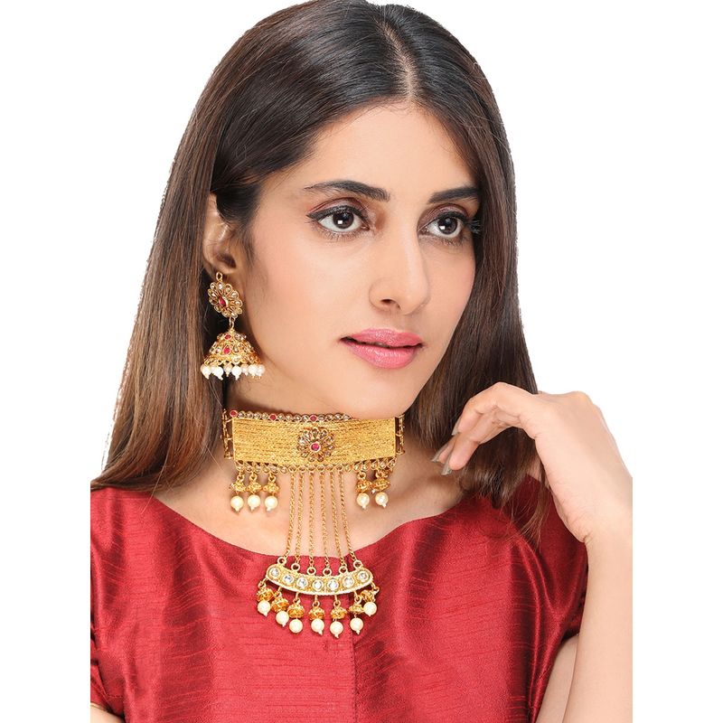 Buy Yellow Chimes Gold Plated Red And White Kundan Studded Handcrafted Jewellery Set Of Online