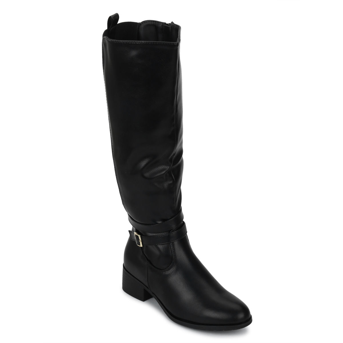Buy Truffle Collection Black Pu Buckled Low Heel Calf Length Boots Online