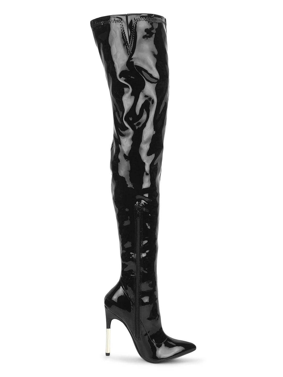 Buy Truffle Collection Black Patent Pointy Toe Thigh High Boots Online
