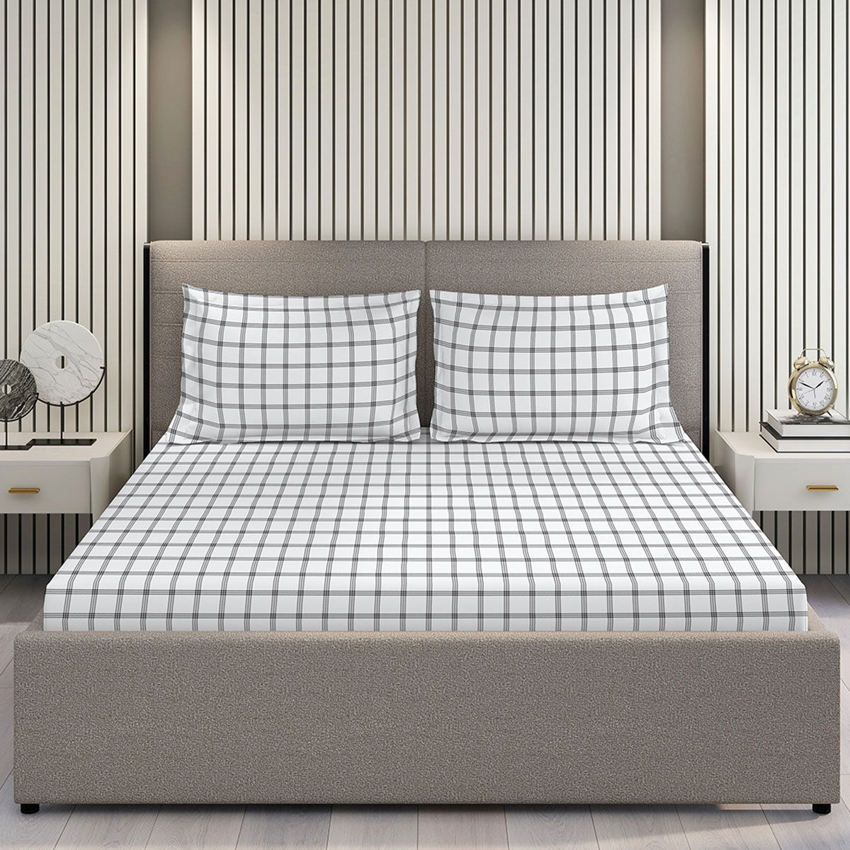 Buy Layers Zen Collection 220TC White Checkered Flat Bedsheet Set Online