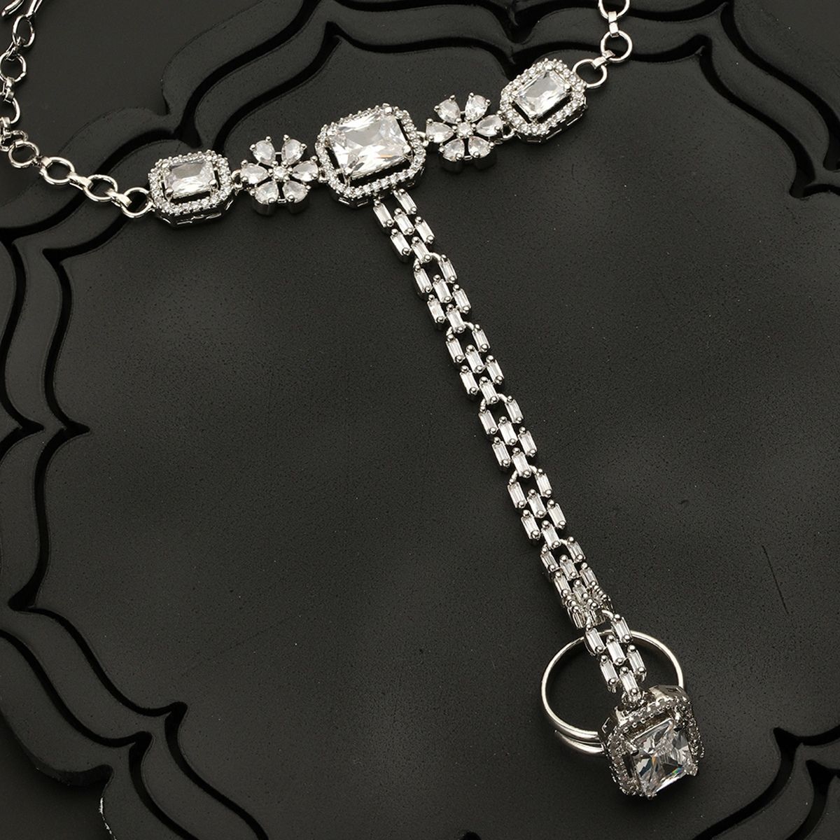 Buy Priyaasi Elegant Floral Block American Diamond Silver-Plated ...