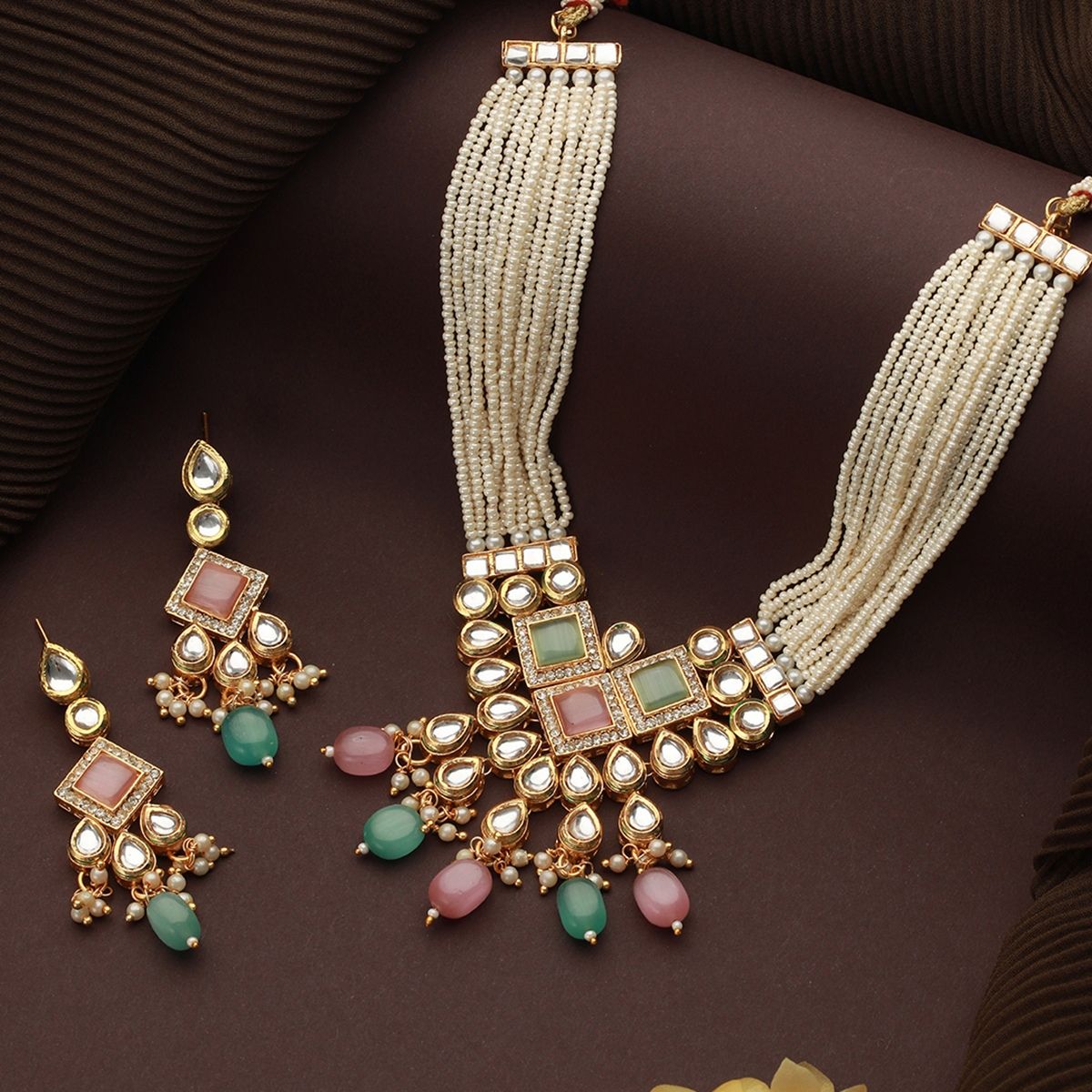 Buy Priyaasi Pastel-Toned Beaded Block Kundan Gold-Plated Jewellery Set ...