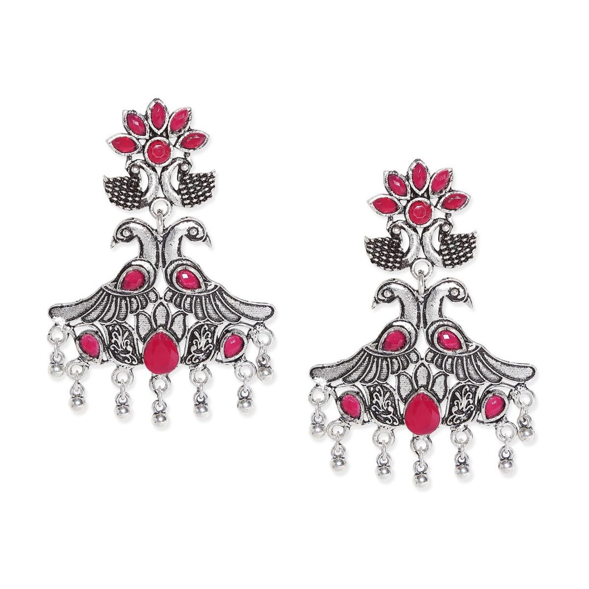 Fabula German Oxidised Silver With Maroon Stone Peacock Design Ethnic ...