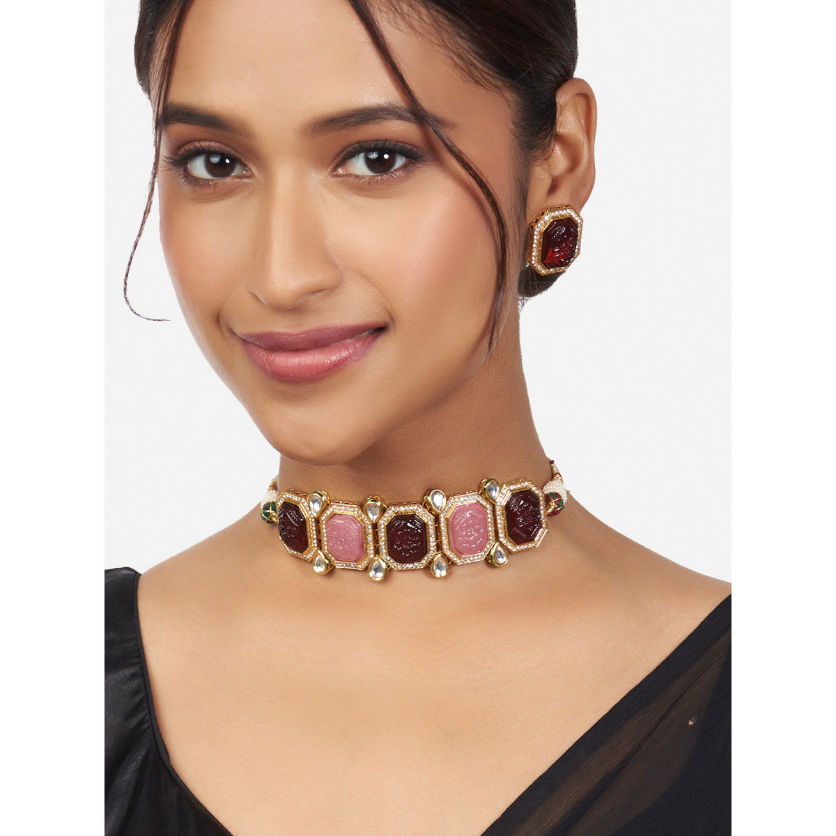 Joules By Radhika Gold Finish Red And Pink Choker Necklace And Earrings Set