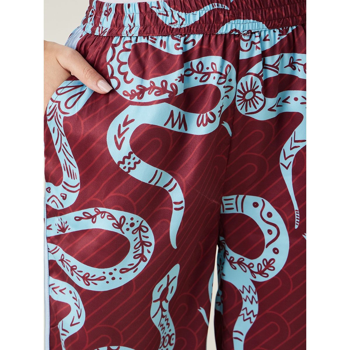 Buy The Kaftan Company Maroon Snake Charm Printed Satin Lounge (Set of ...