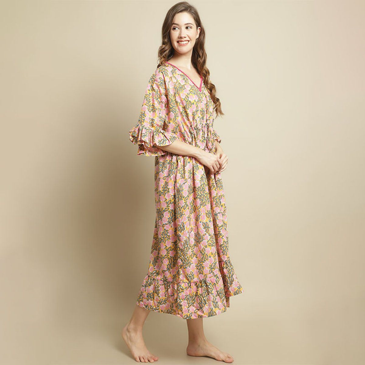 Secret Wish Block Print Pink & Yellow Floral Cotton Kaftan Nightdress ...
