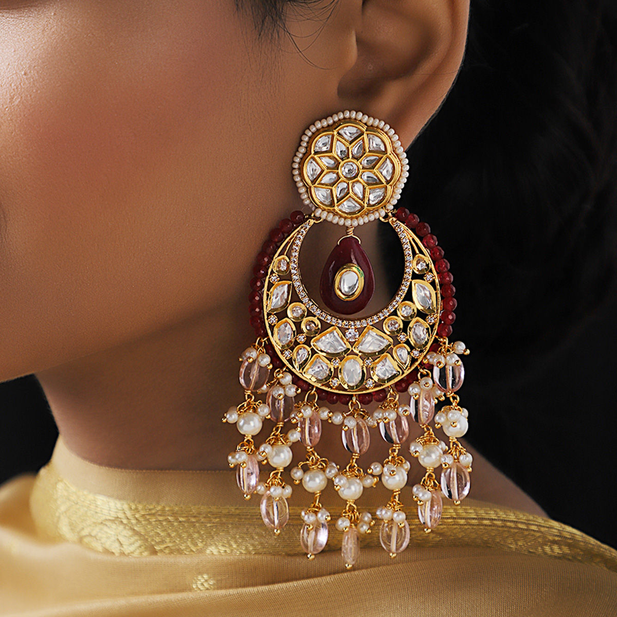 Buy Joules By Radhika Red Pink White Fascinating Chandelier Chand Bali ...