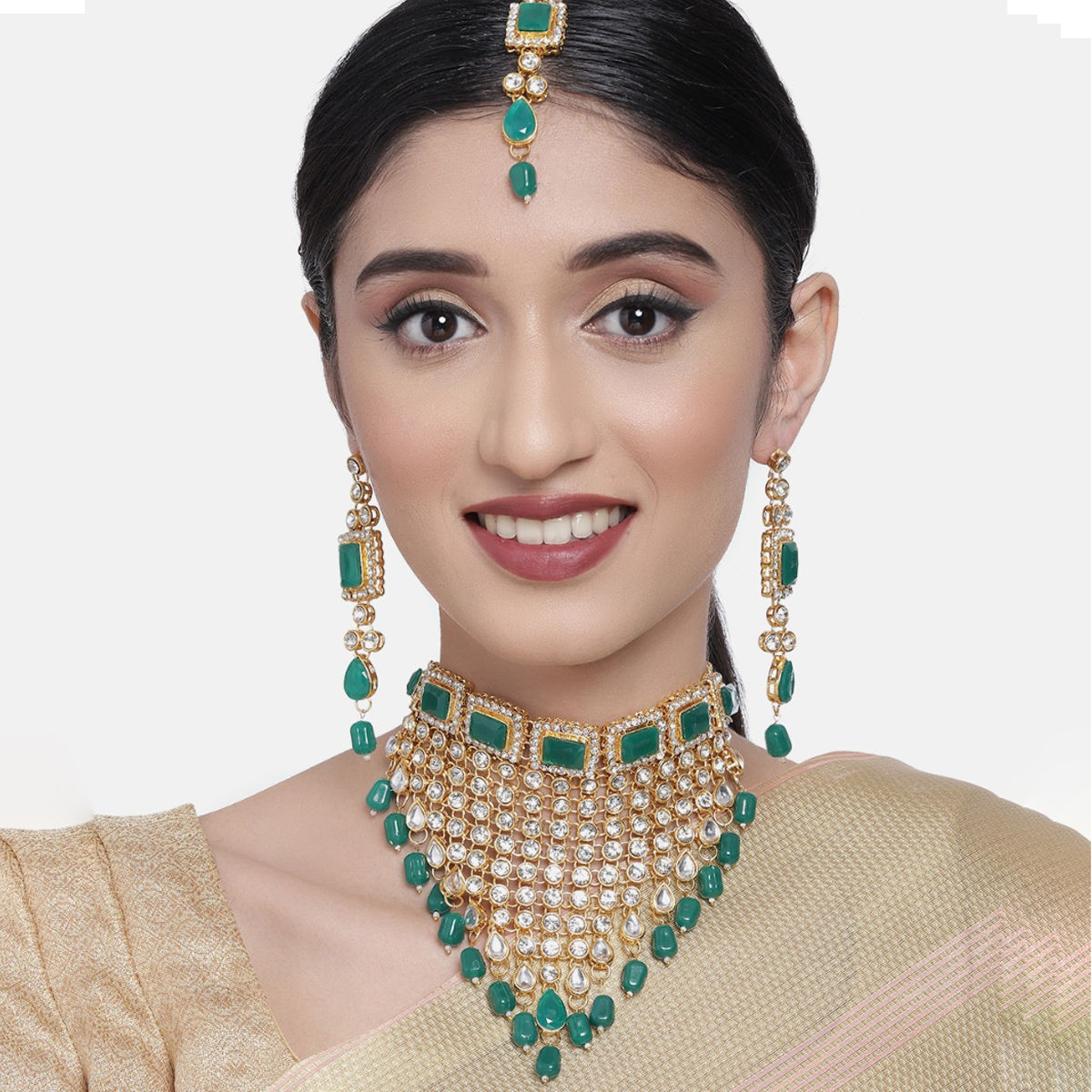 Buy Zaveri Pearls Green Stones & Beads V Shaped Wedding Collection ...