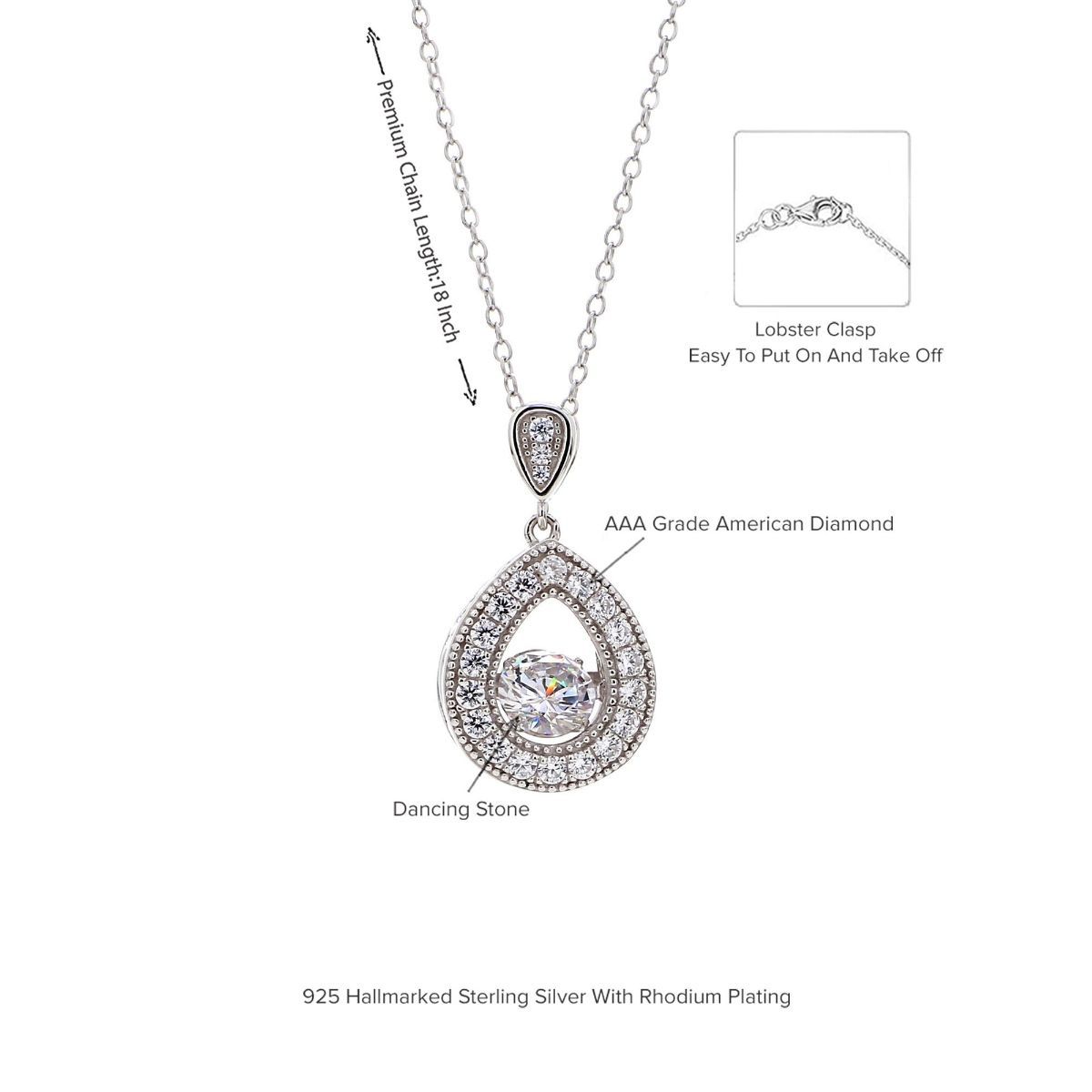 Buy 925 Silver Round American Diamond Dancing Stone Pendant Necklace ...