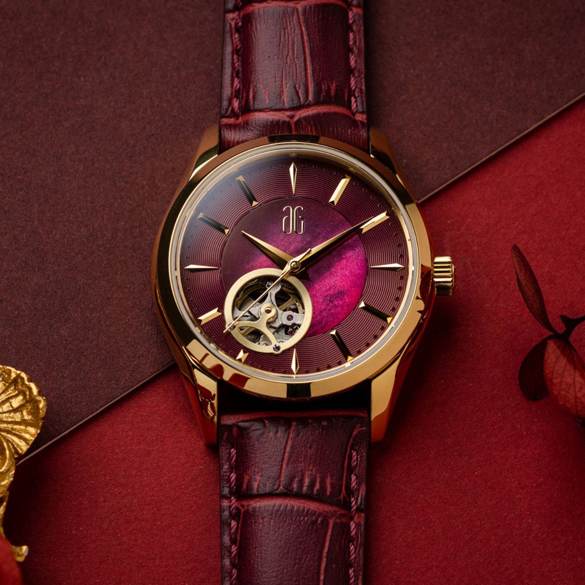 Buy Aries Gold Goldex Automatic 21 Jewels Red Round Dial Women's Watch ...