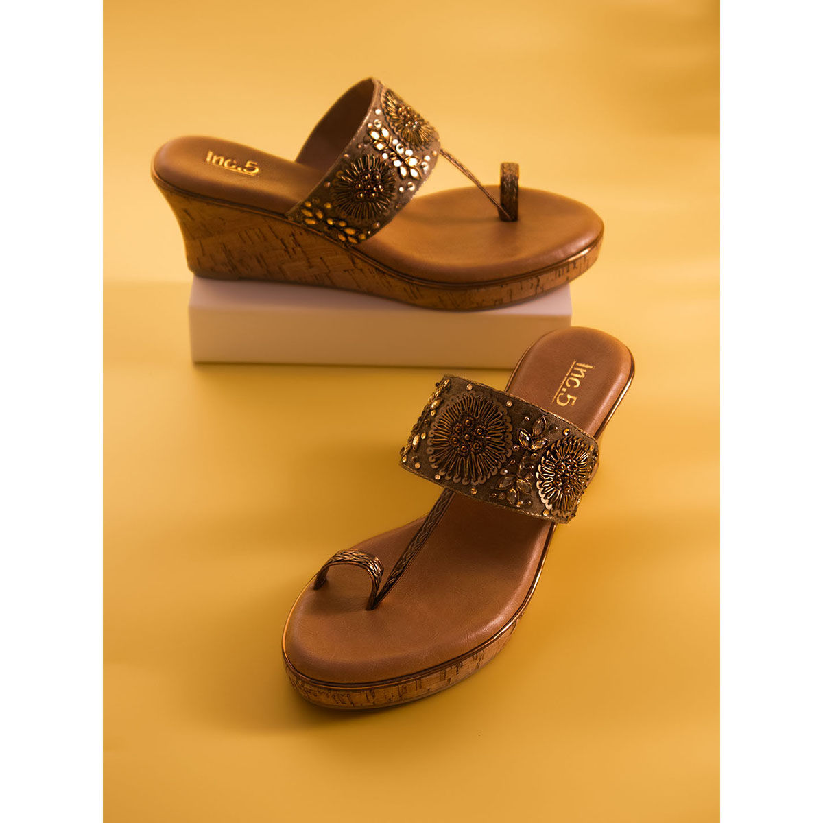 Buy Inc.5 Embellished One Toe Gold Party Wedges Online
