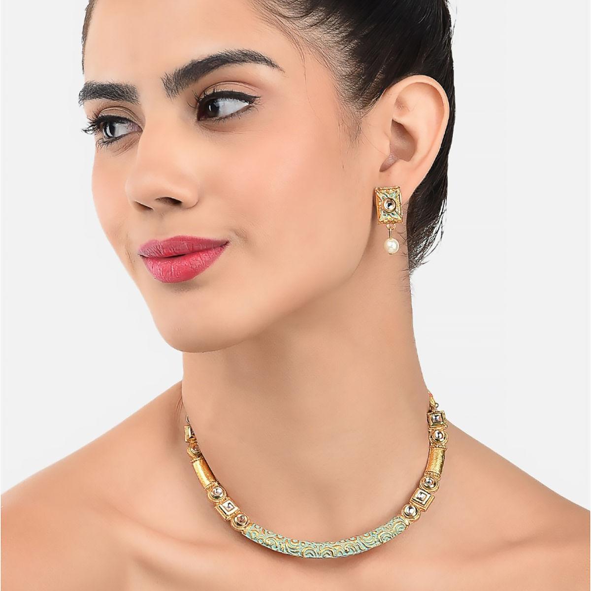 Zaveri Pearls Sea Green Enamelling Sleek Kundan Necklace And Earring Set