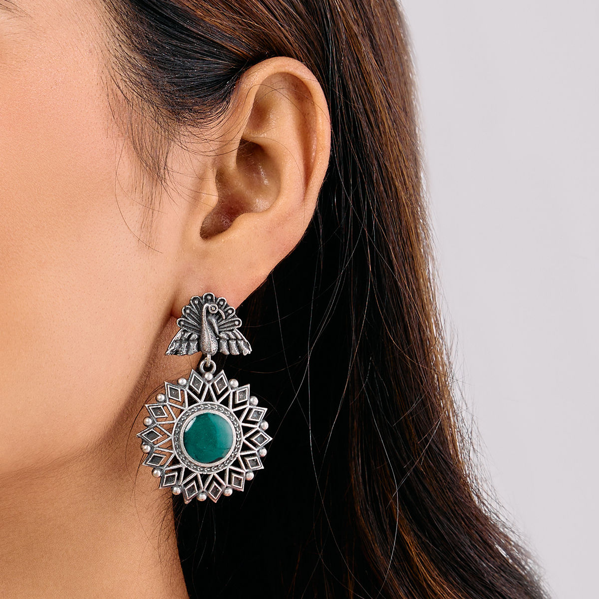 Buy Azai by Nykaa Fashion Silver Oxidised Green Stone Embellished Earrings Online