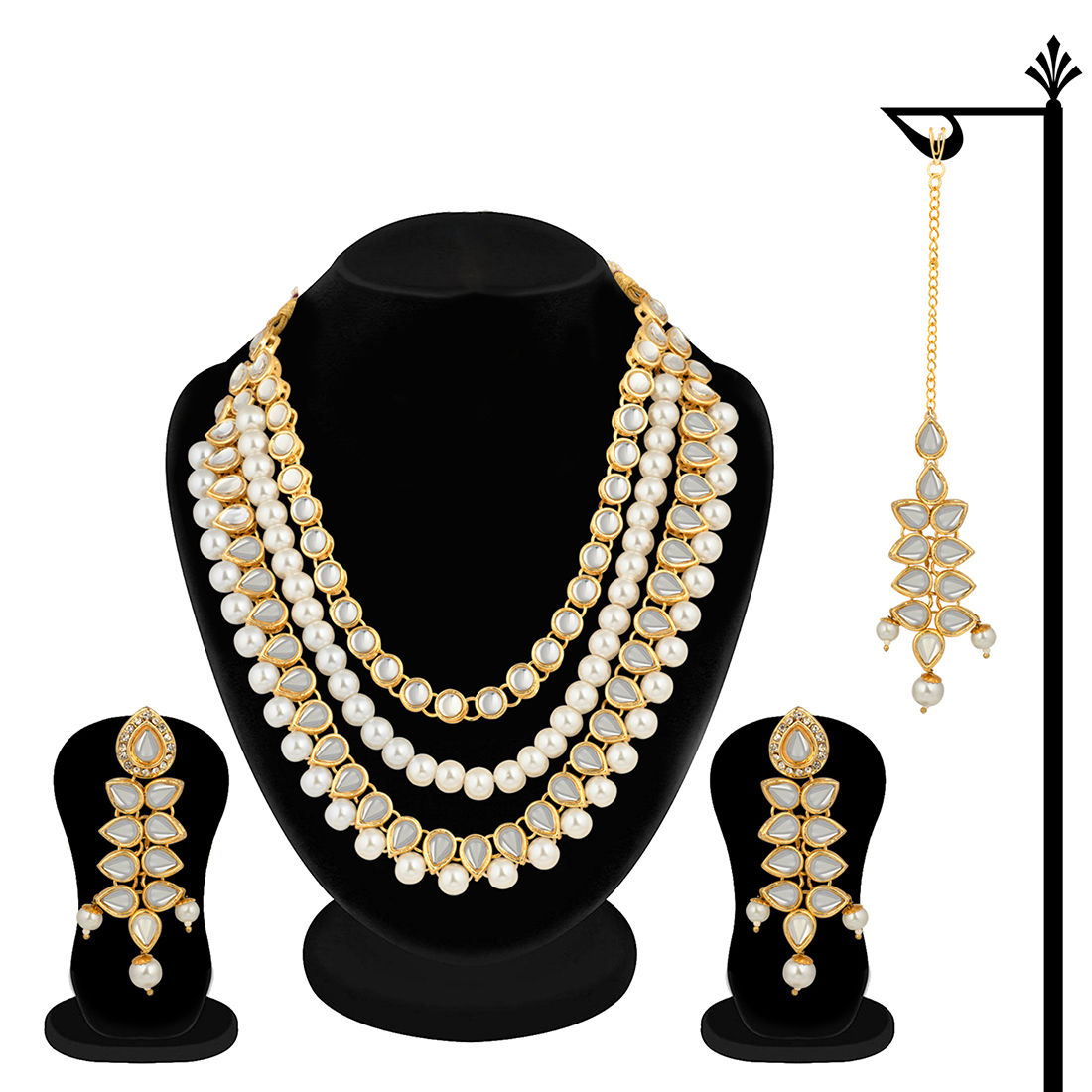 Buy Peora Gold Plated Kundan Pearl Layered Necklace Earring Mang Tikka ...