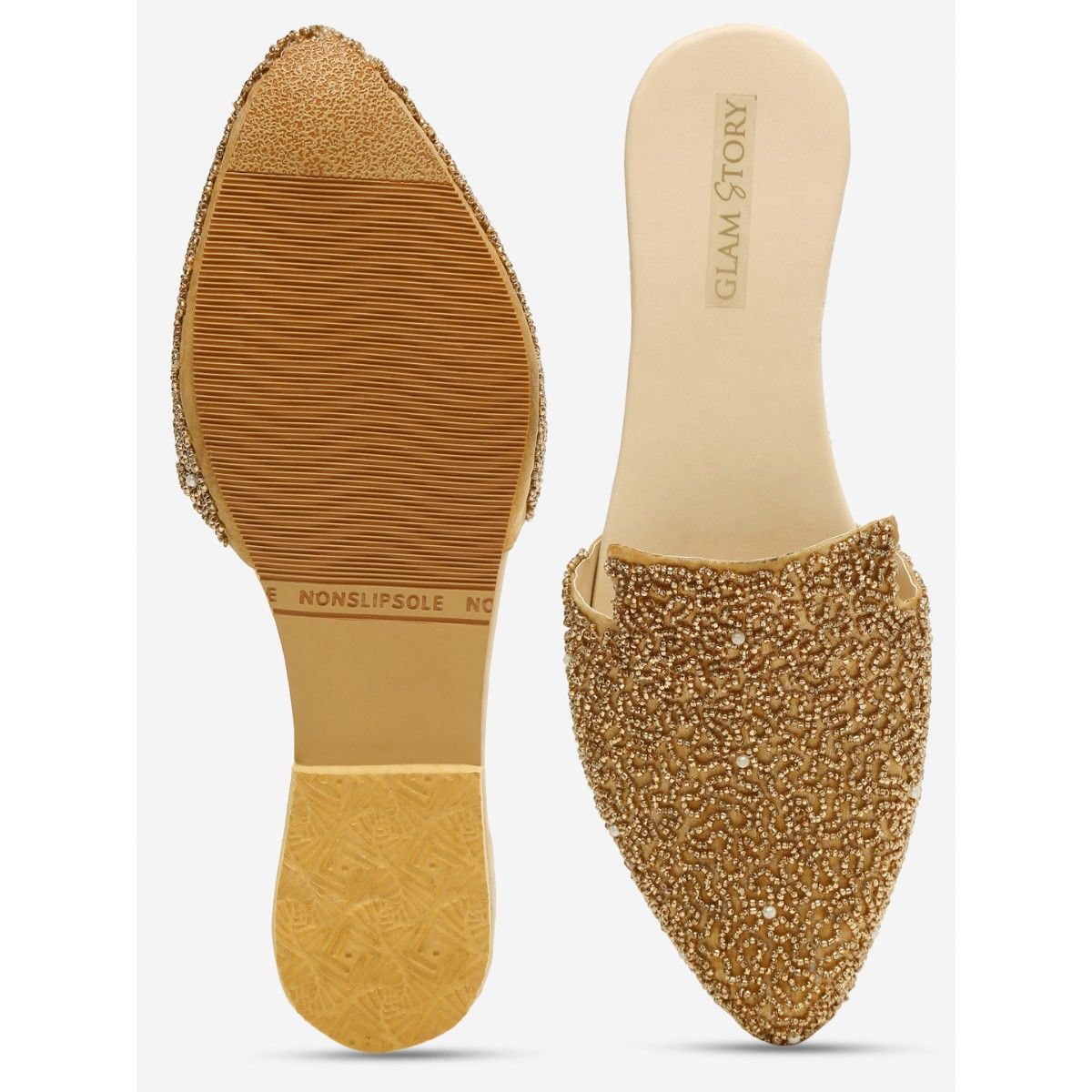 GLAM STORY Ethnic Embellished Mule For Women In Gold: Buy GLAM STORY ...