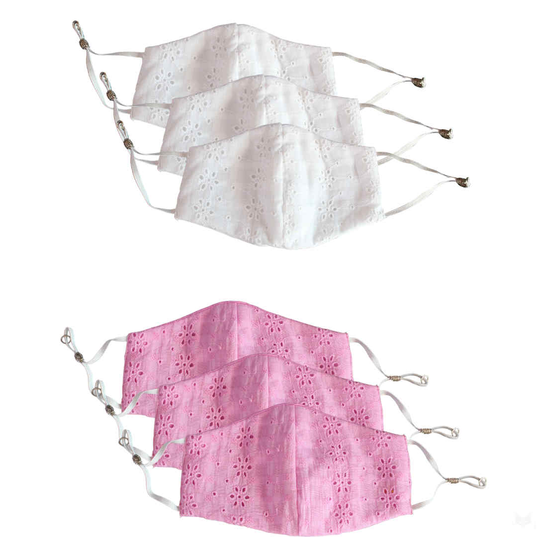 Buy Bellofox White Chikan And Light Pink Chikan Face Mask (Set Of 6) Online