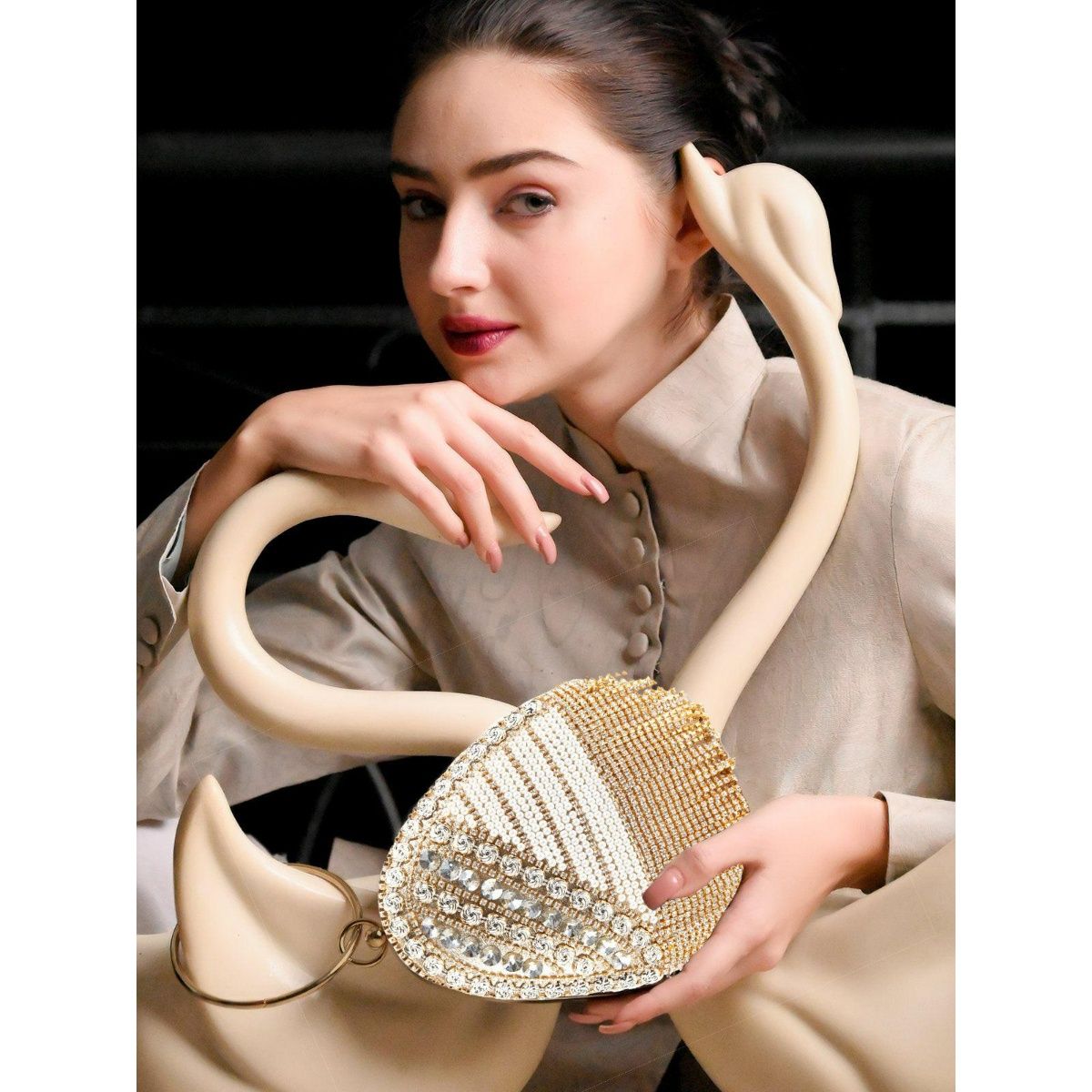 Buy Odette Gold Egg Shape Crystal Clutch Bag Online