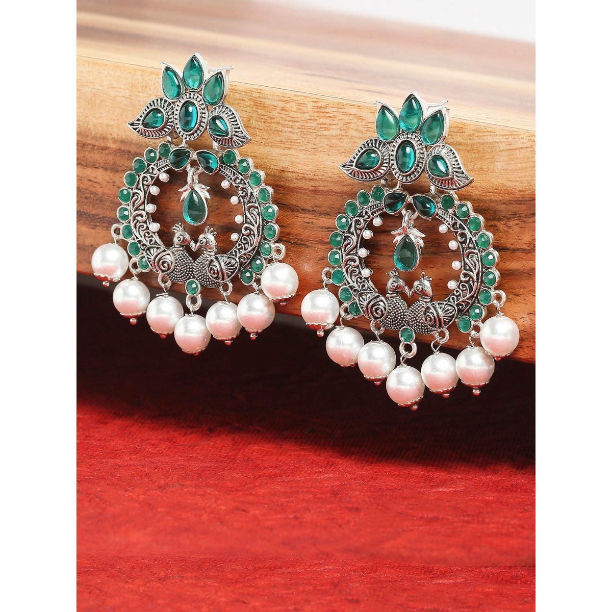 OOMPH Oxidised Silver Green Stone and Pearls Peacock Design Large ...