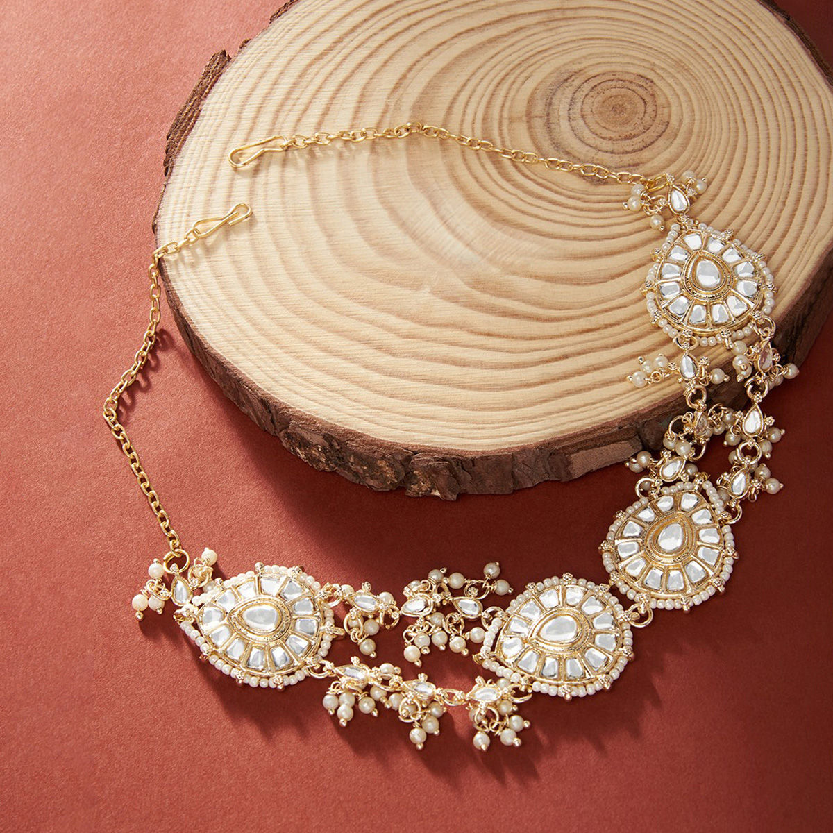 Zaveri Pearls Gold Tone Tilak Shape Kundan and Pearls Bridal Head Chain ...