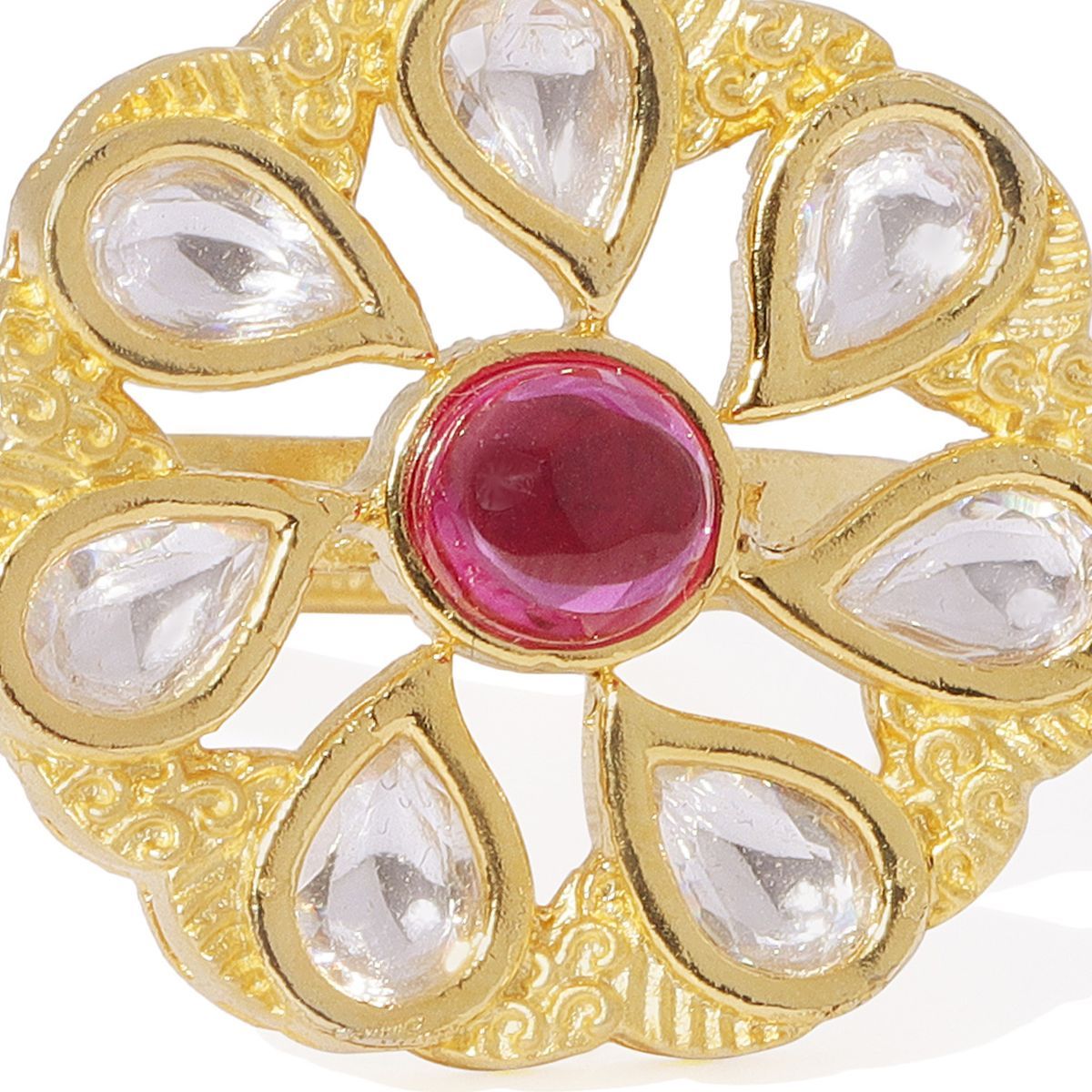 Buy Accessher Women Gold-Toned & Pink Floral Faux Ruby Finger Ring Online