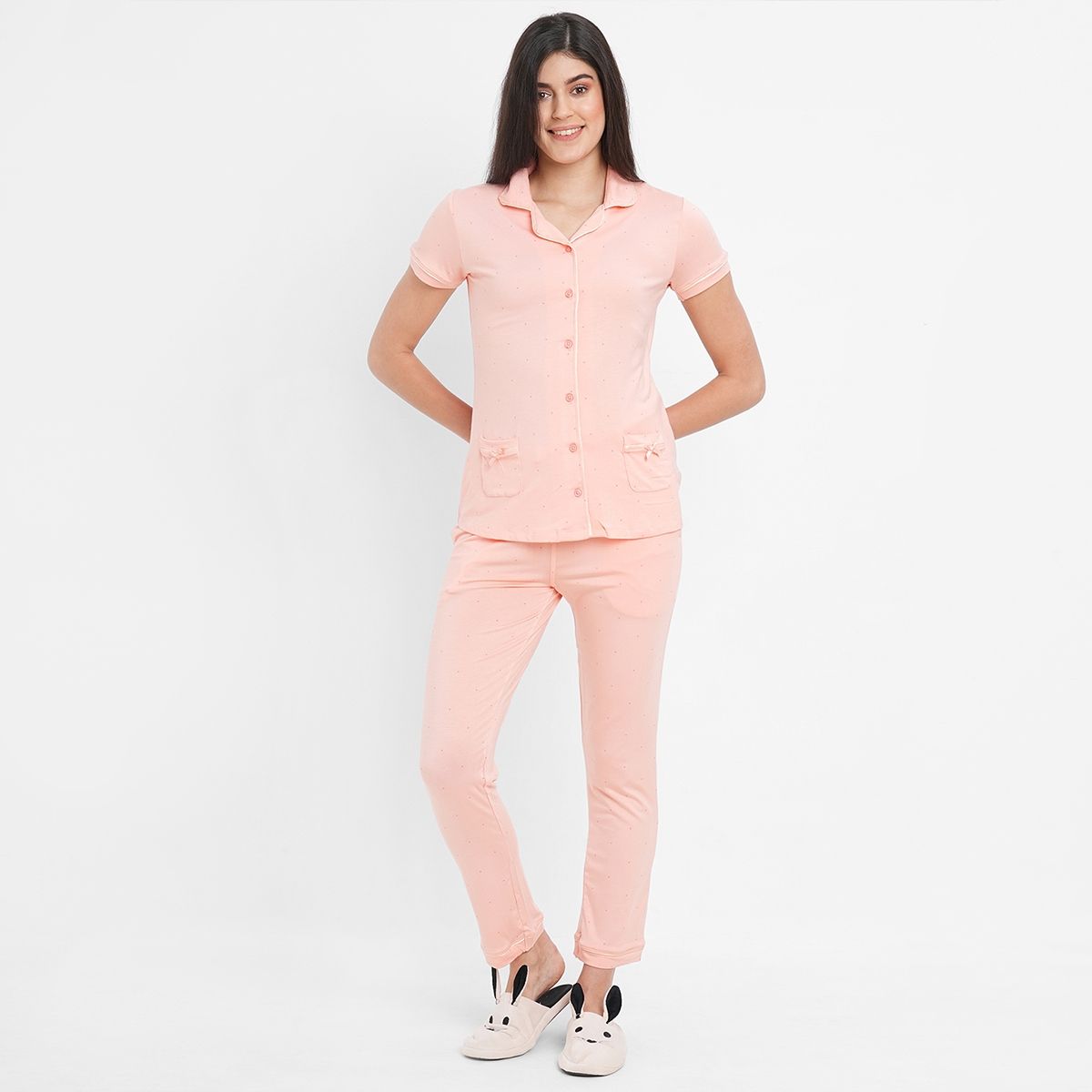 Sweet Dreams Women Modal Spandex Solid Front Open Pyjama Set - Peach ...