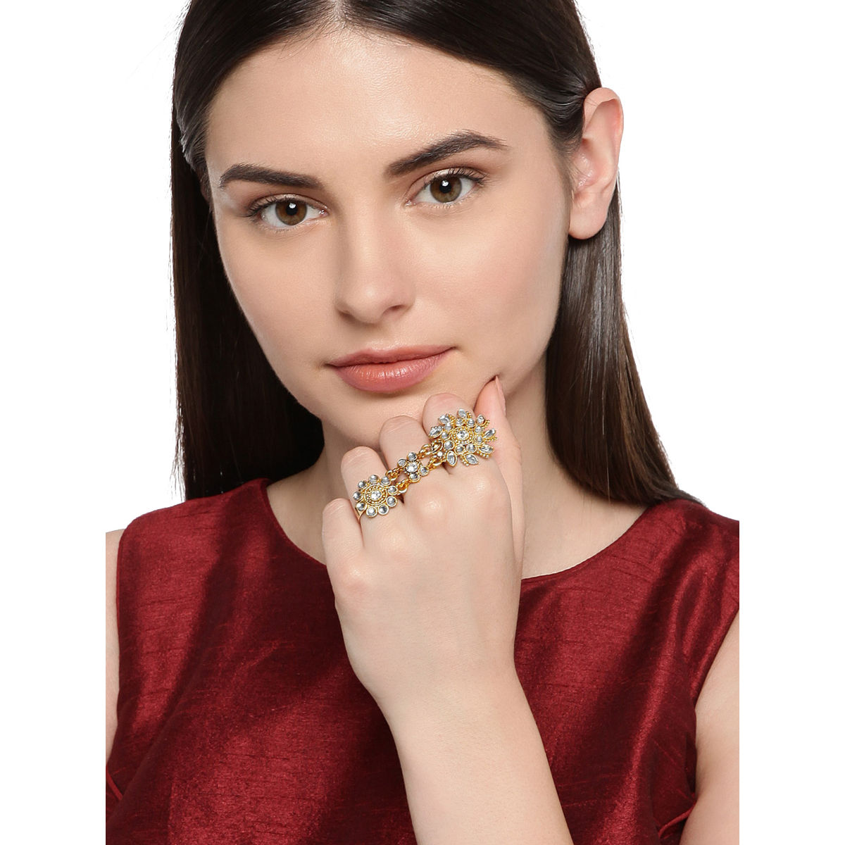 Buy Zaveri Pearls Antique Gold Tone Floral Kundan Dual Finger Ring ...