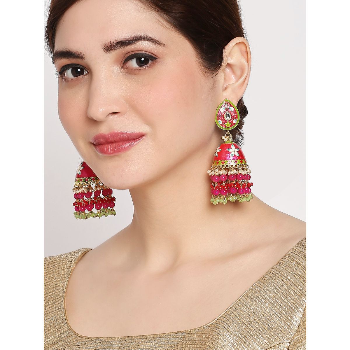 OOMPH Pink Minakari Enamel Floral Kundan Large Jhumka Earrings: Buy ...