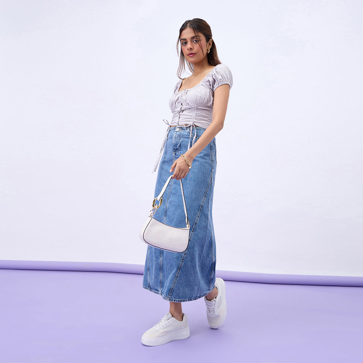Buy Mixt By Nykaa Fashion Grey Solid Square Neck Puff Sleeves Crop Top