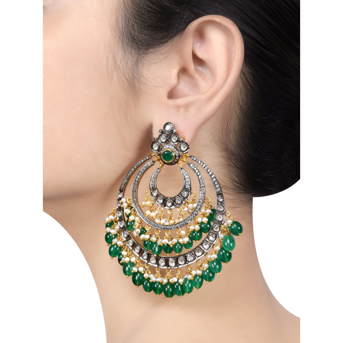 Buy Tribe Amrapali Silver Oxidised Triple Hoop Green Glass Drop ...