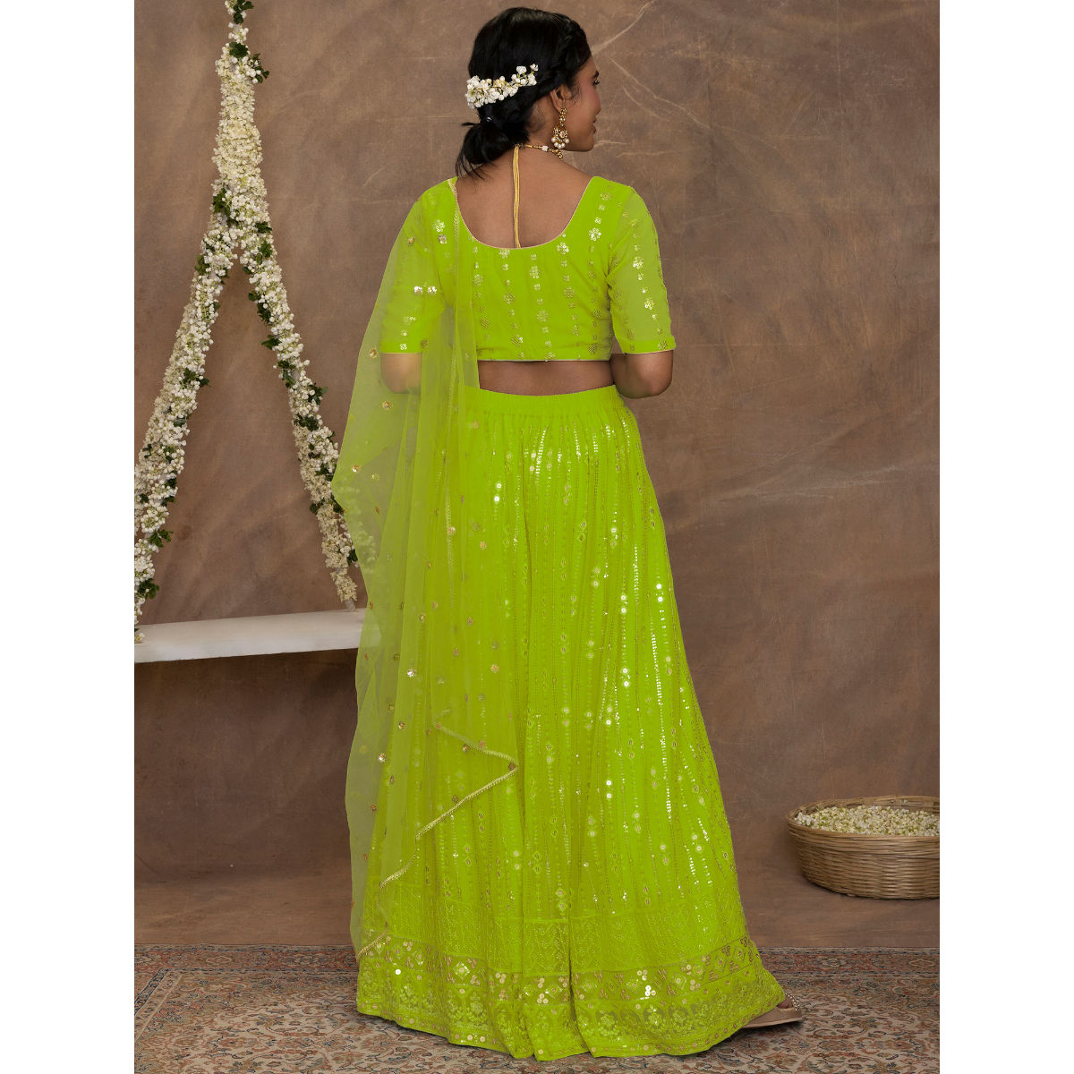 Buy Gajra Gang Pataka Lime Green Crop Top With Skirt And Dupatta (Set ...
