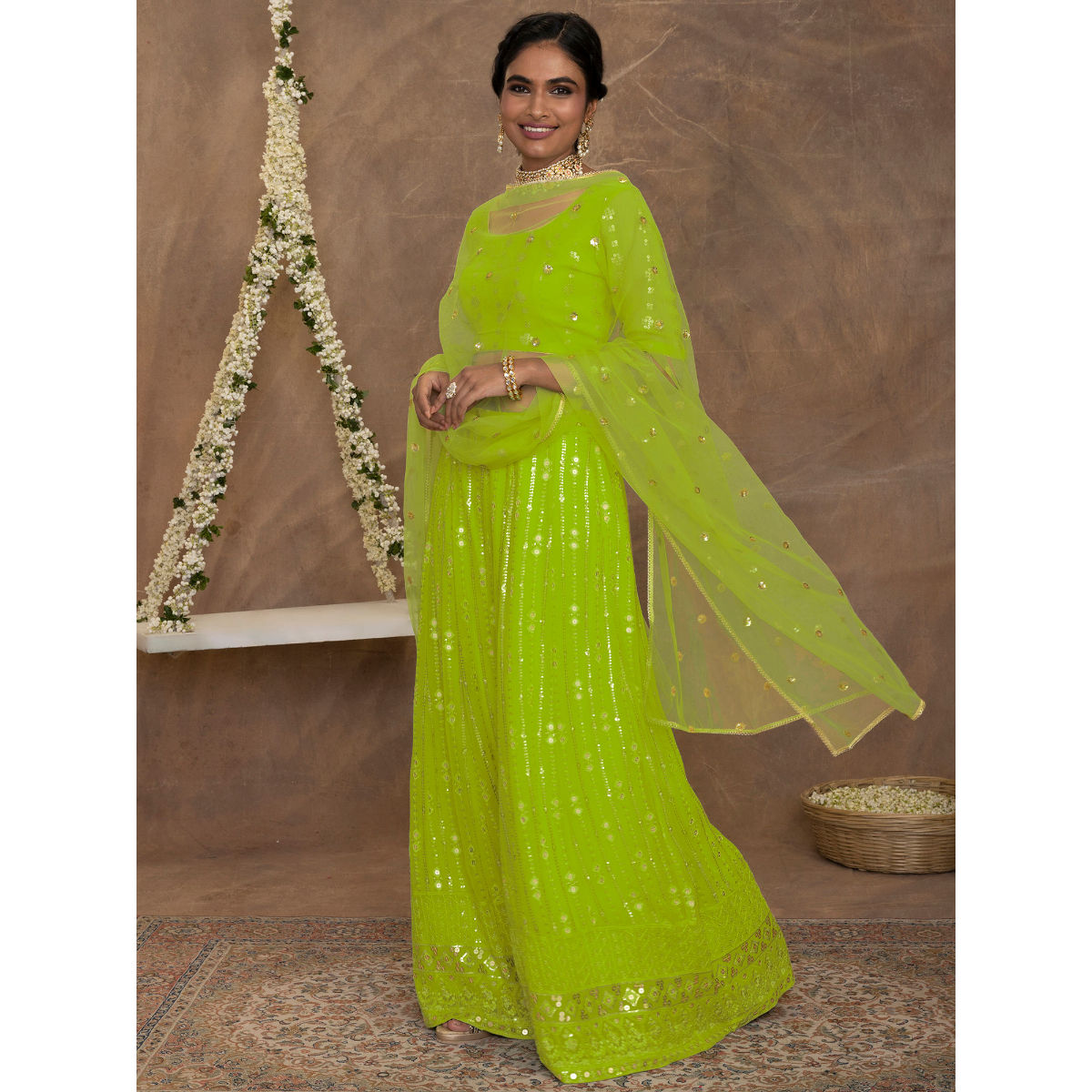 Buy Gajra Gang Pataka Lime Green Crop Top With Skirt And Dupatta (Set ...