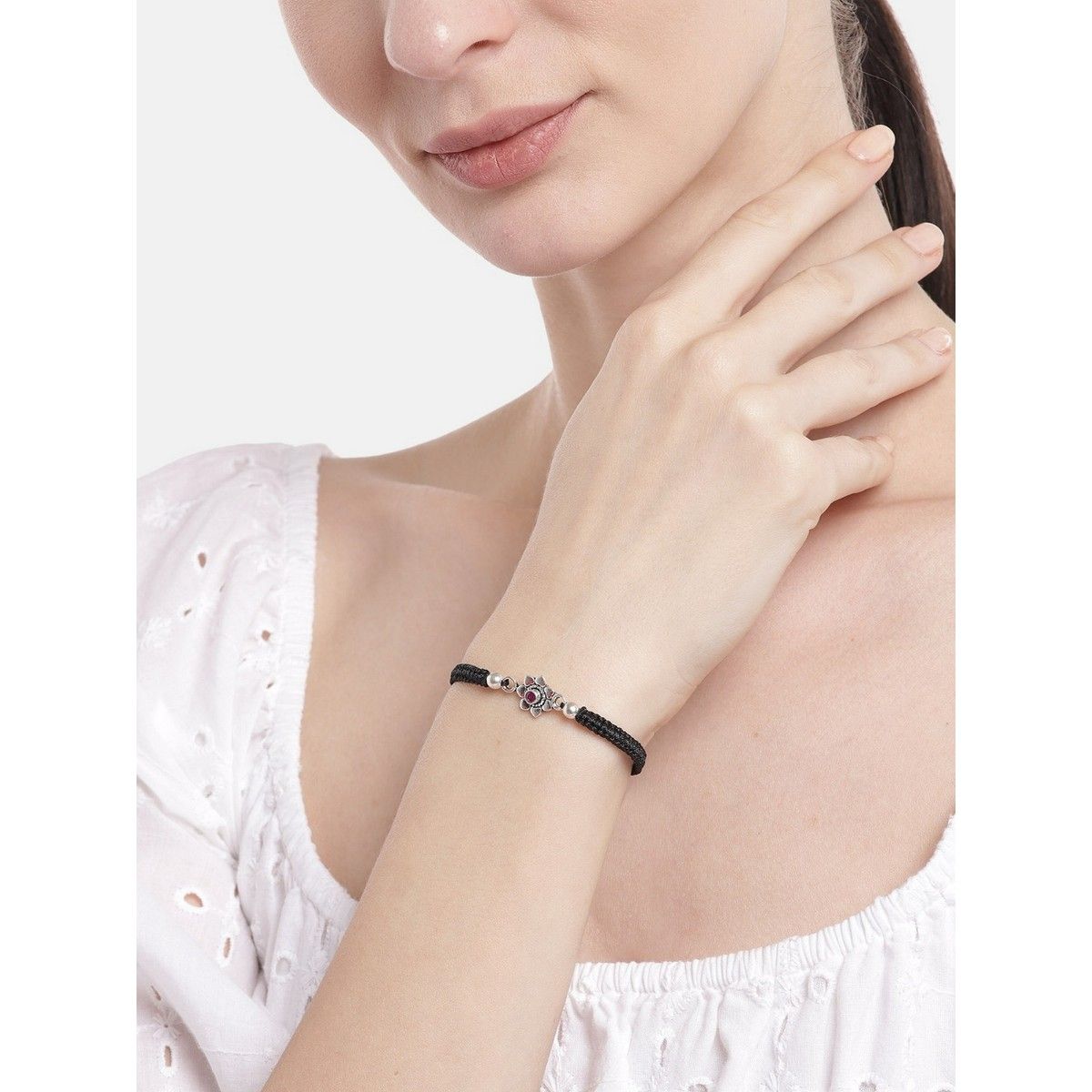 Zavya Red Cubic Zirconia Black Thread 925 Sterling Silver Bracelet: Buy ...