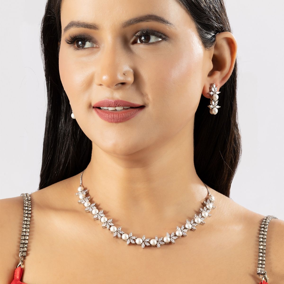 Buy Niscka White Classy Pearl American Diamonds Necklace Set Online