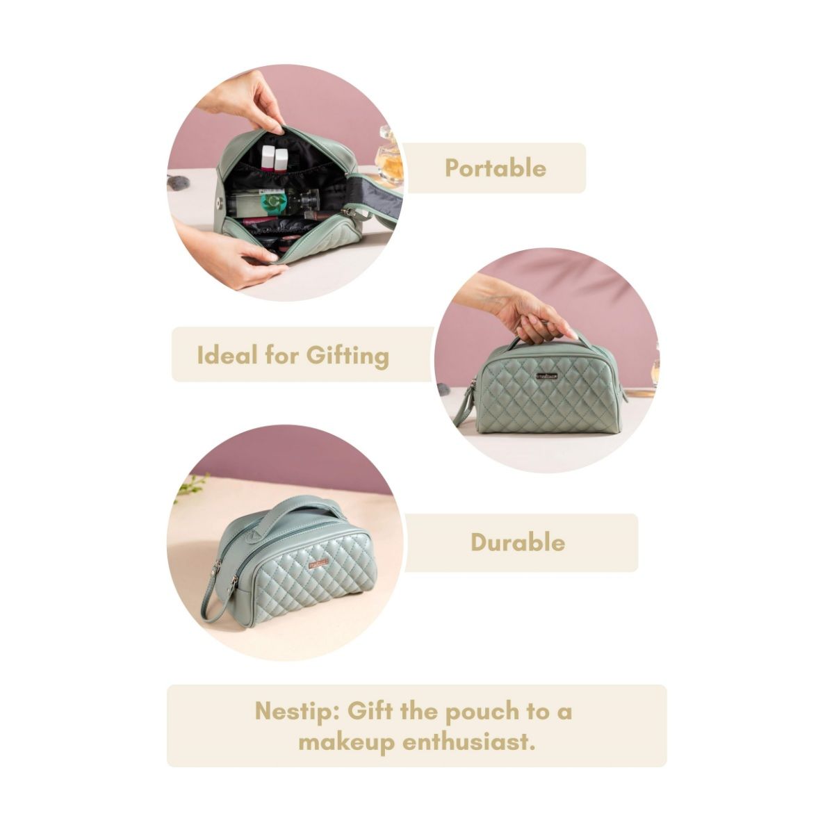 Buy Nestasia Green Quilted Double Zipper Makeup Pouch Online