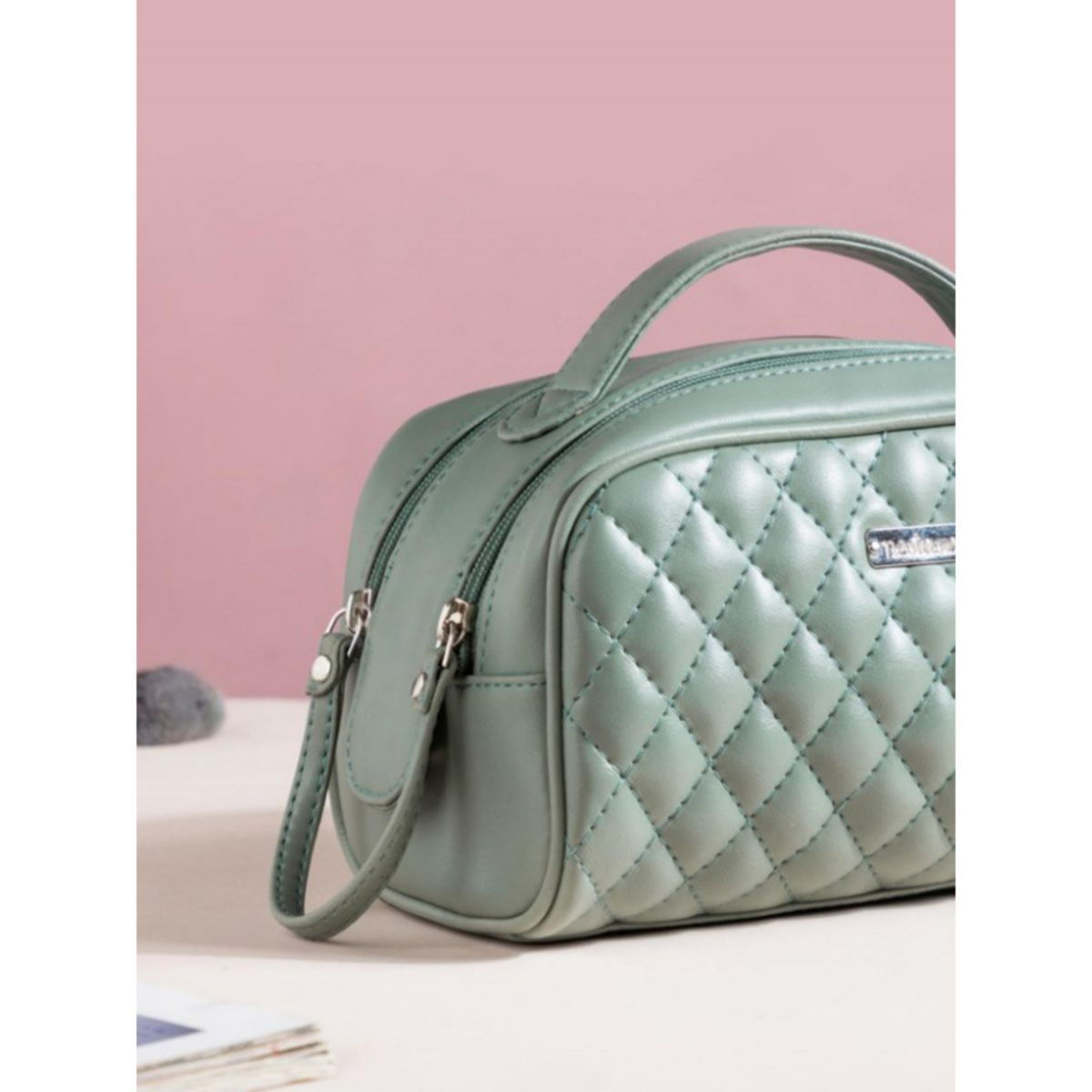 Buy Nestasia Green Quilted Double Zipper Makeup Pouch Online