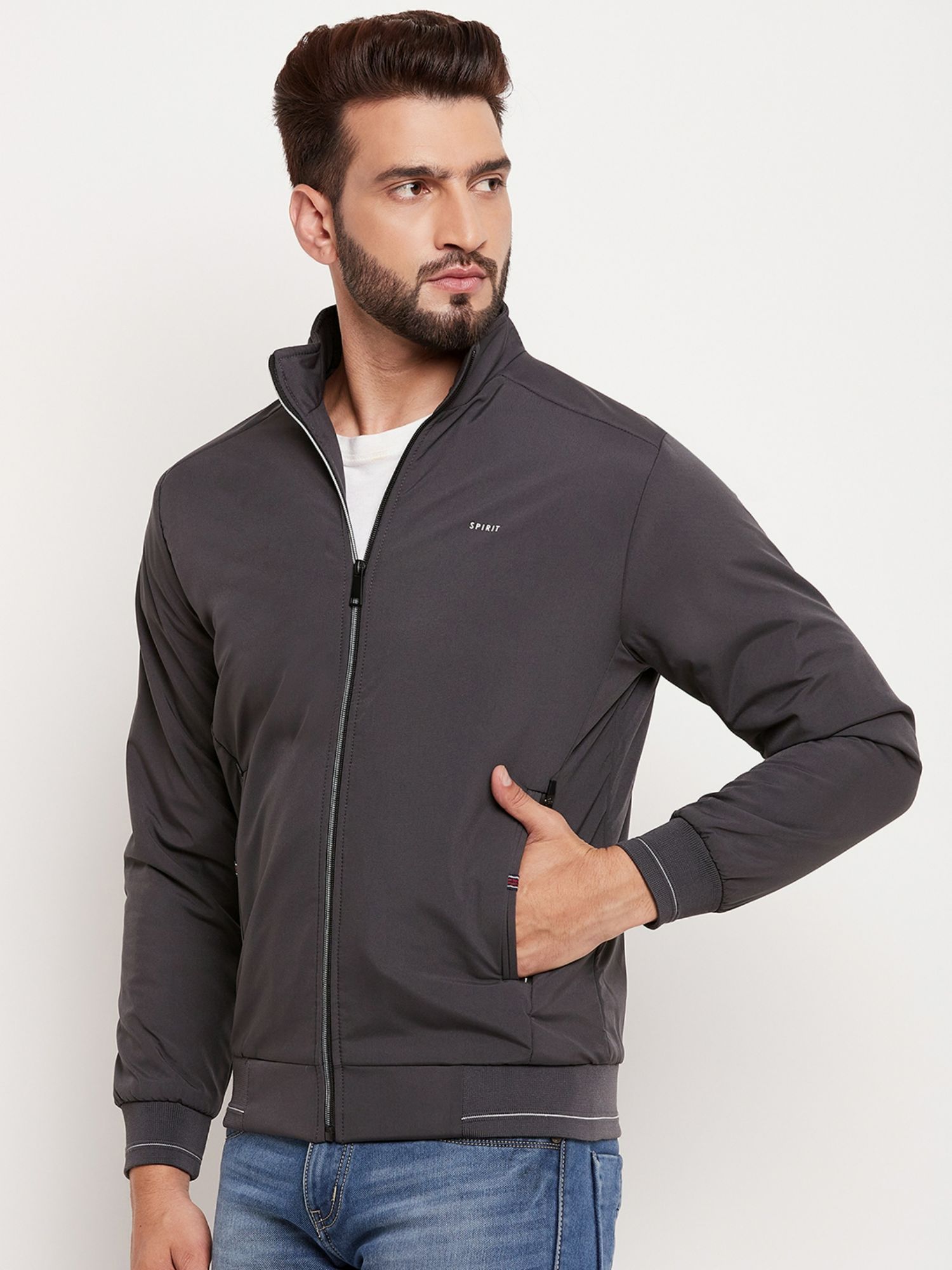 Buy SPIRIT Mens Dark Grey Solid Jacket Online
