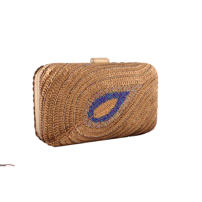 Buy Angeline Sequential Matt Gold Peacock feather Clutch Online