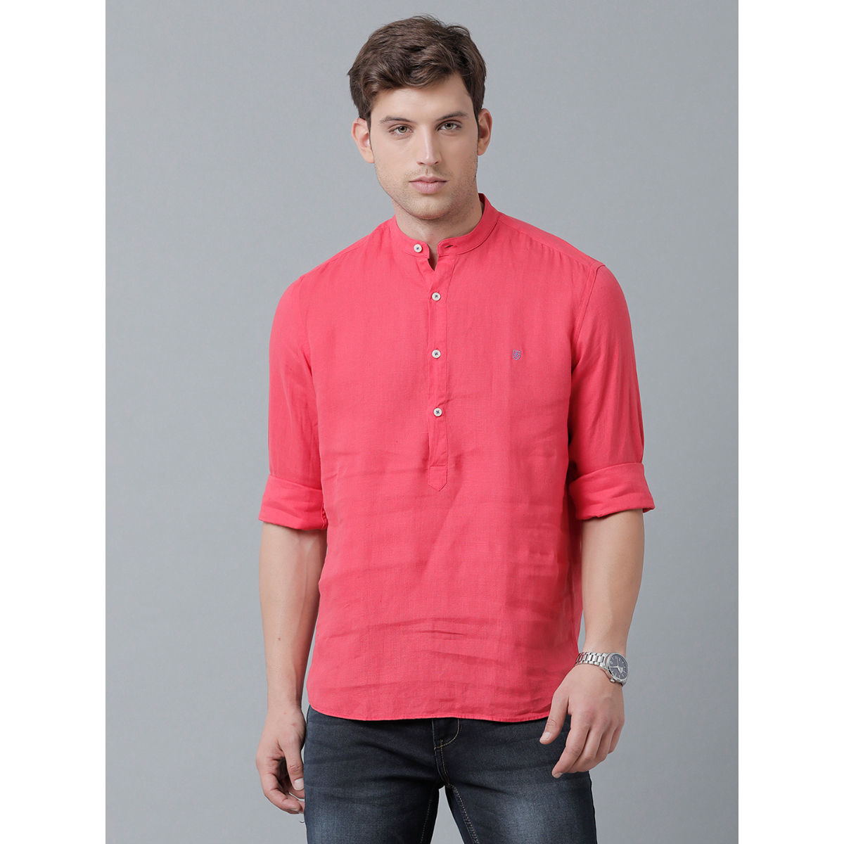 Buy Linen Club Men's Pure Linen Red Solid Regular Fit Full Sleeve Casual Shirt Online
