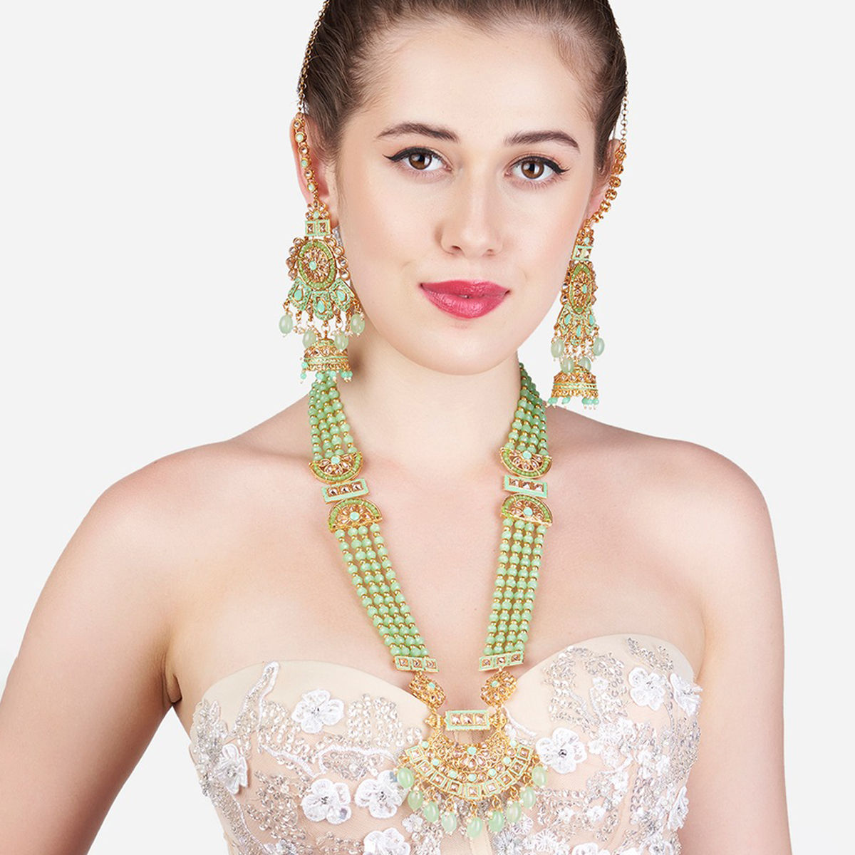 Buy Zaveri Pearls Green Meenakari Multistrand Beaded Bridal Long