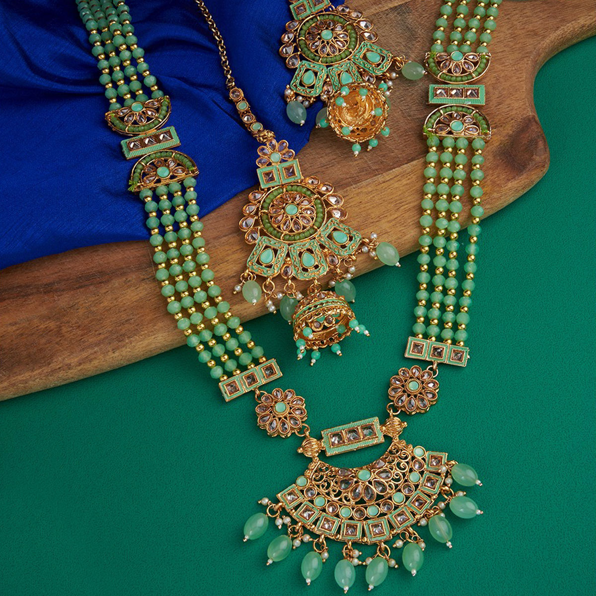 Buy Zaveri Pearls Green Meenakari Multistrand Beaded Bridal Long