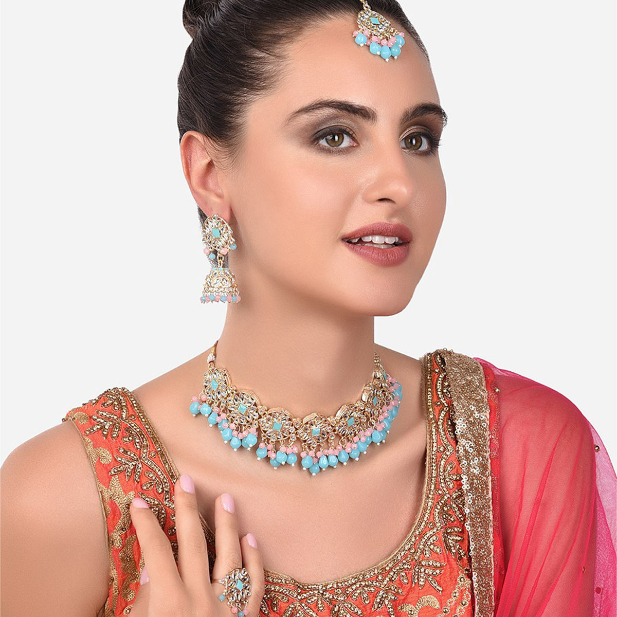 Zaveri Pearls Turquoise Blue & Pink Choker Necklace Earring Maangtikka ...