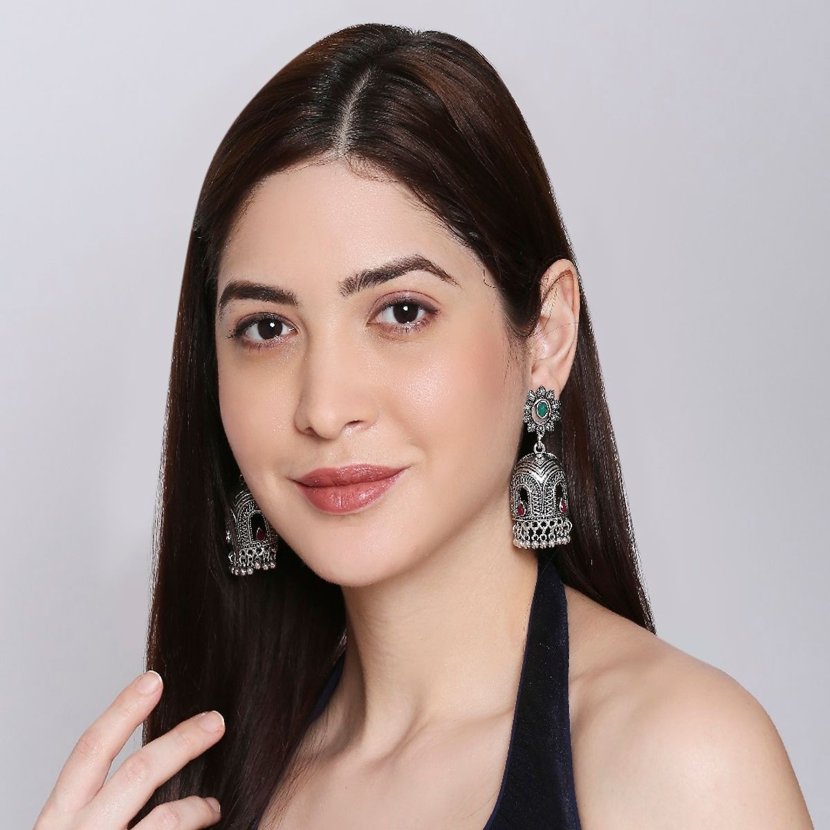 Buy Fabula German Oxidised Silver With Maroon & Green Stone Palki ...