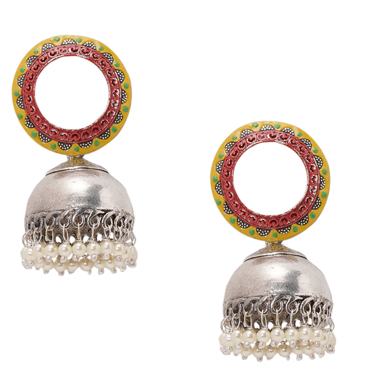 SHOSHAA Silver-plated Pink-yellow Color Oxidised Jhumkas Earrings: Buy ...