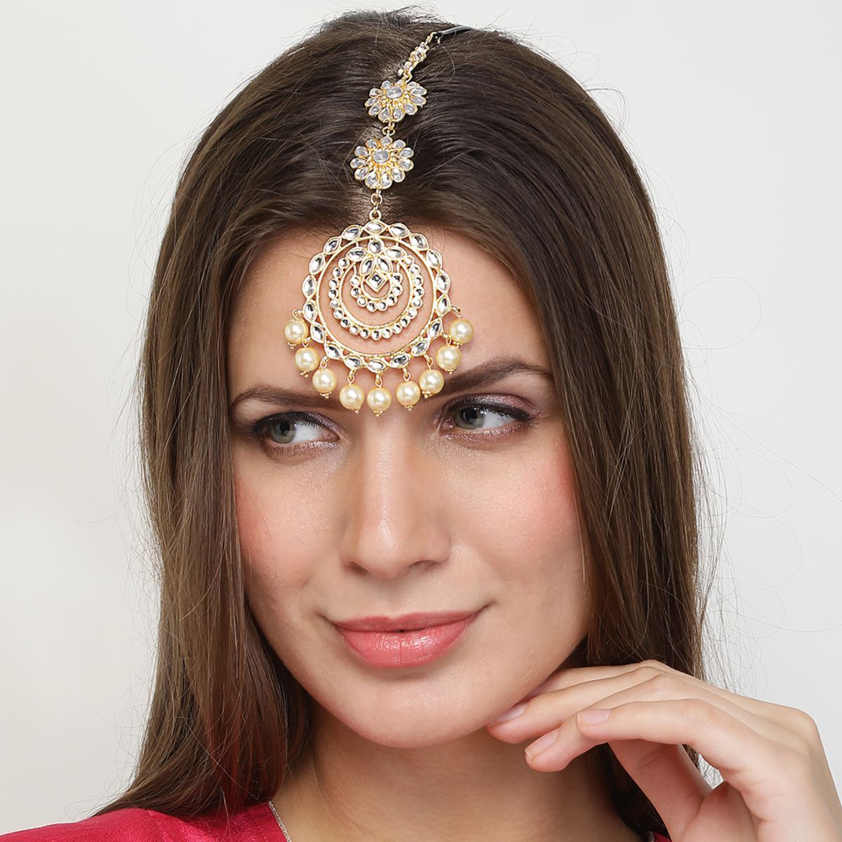 Accessher Gold-Plated & Off-White Kundan & Pearl Embellished Maang ...