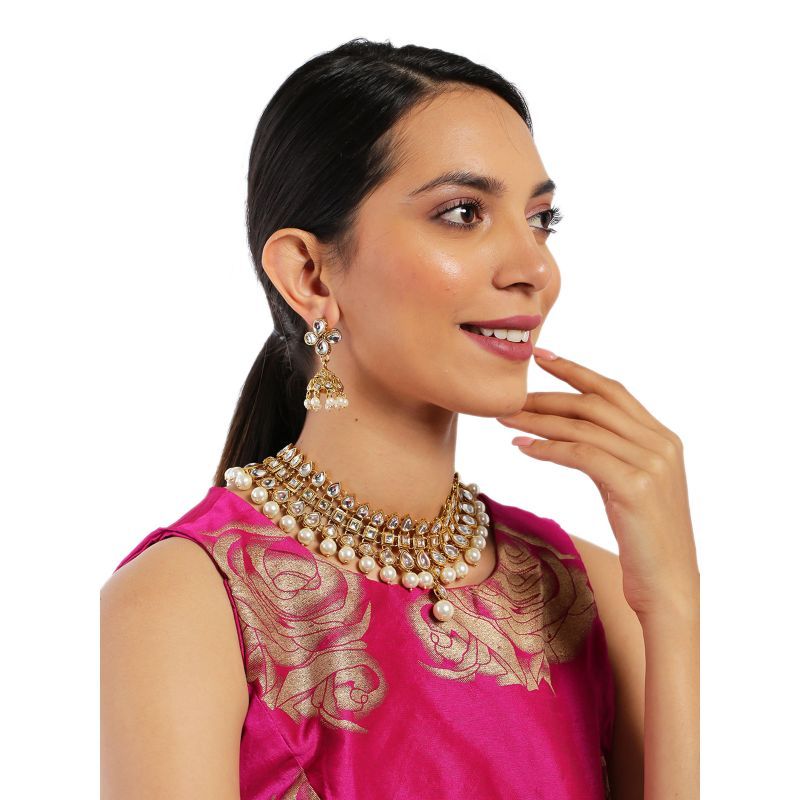 Buy Zaveri Pearls Traditional Kundan And Pearls Choker Necklace And Earring