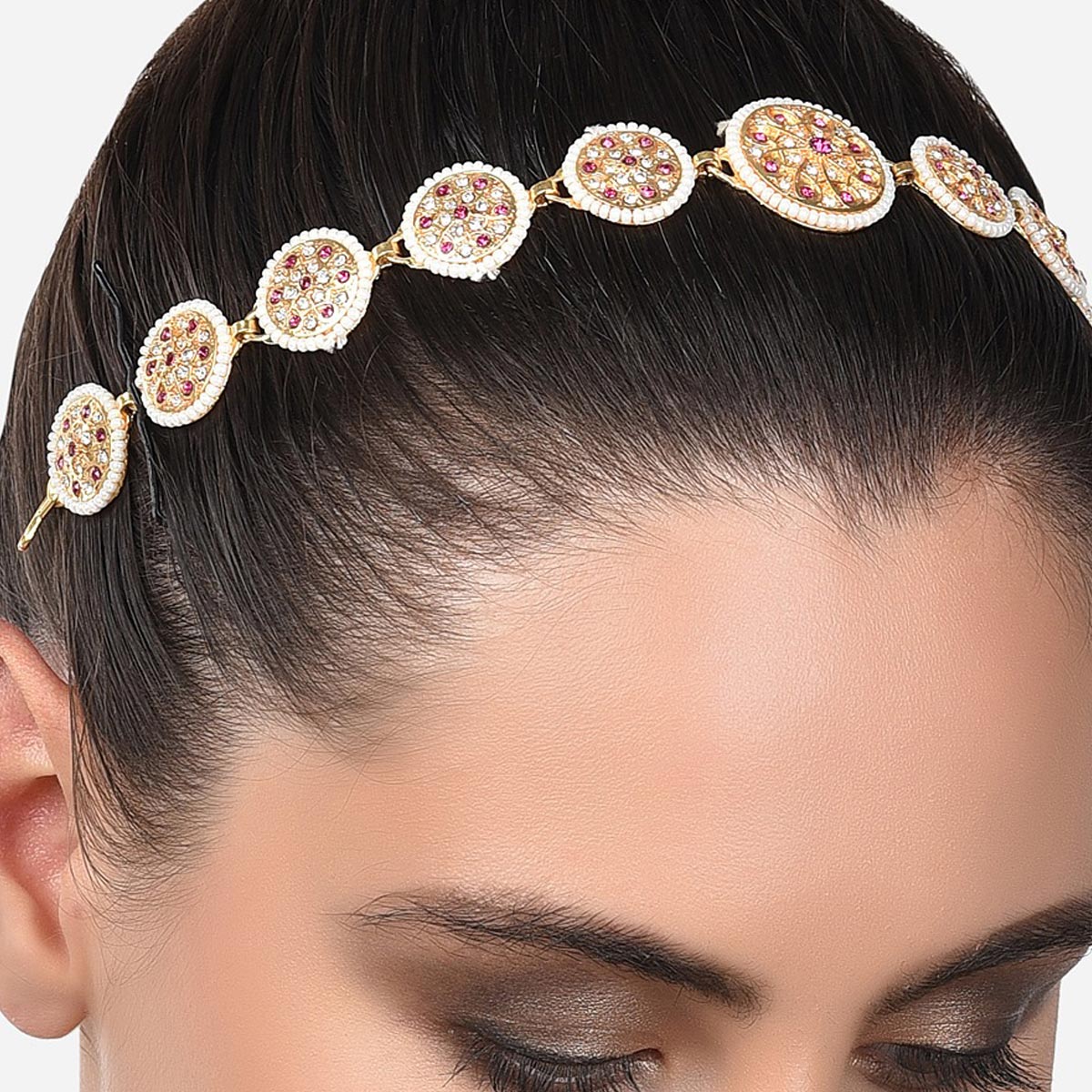 Buy Zaveri Pearls Pink Dazzling Austrian Diamonds & Pearls Bridal Head ...