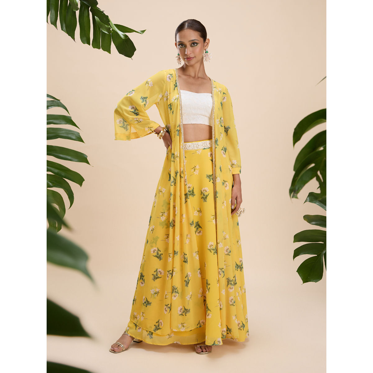 Buy Gajra Gang Mahima Mahajan Yellow Embroidered Top, Skirt and Jacket ...