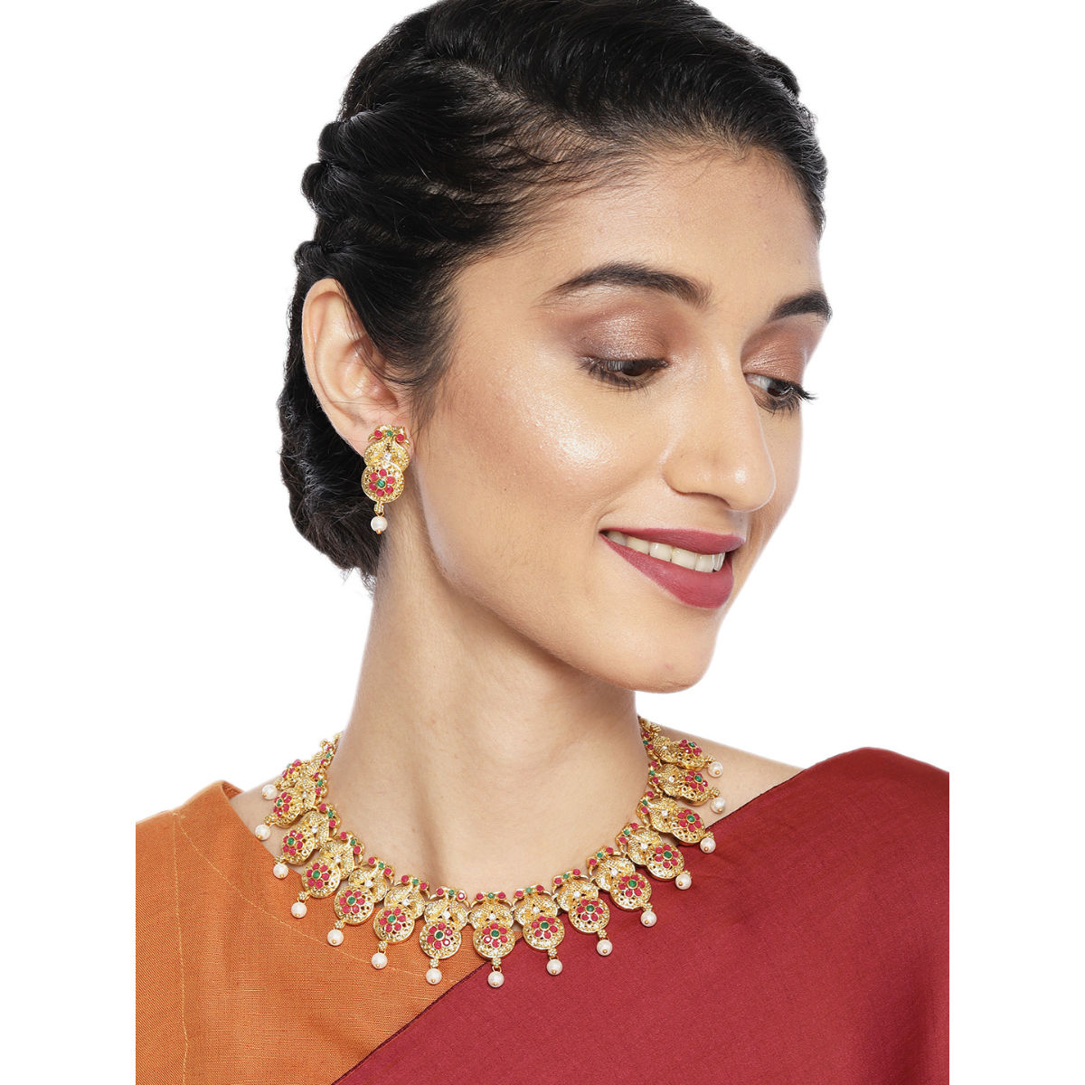 Buy Zaveri Pearls Red And Green Stones Peacock Inspired Floral Necklace