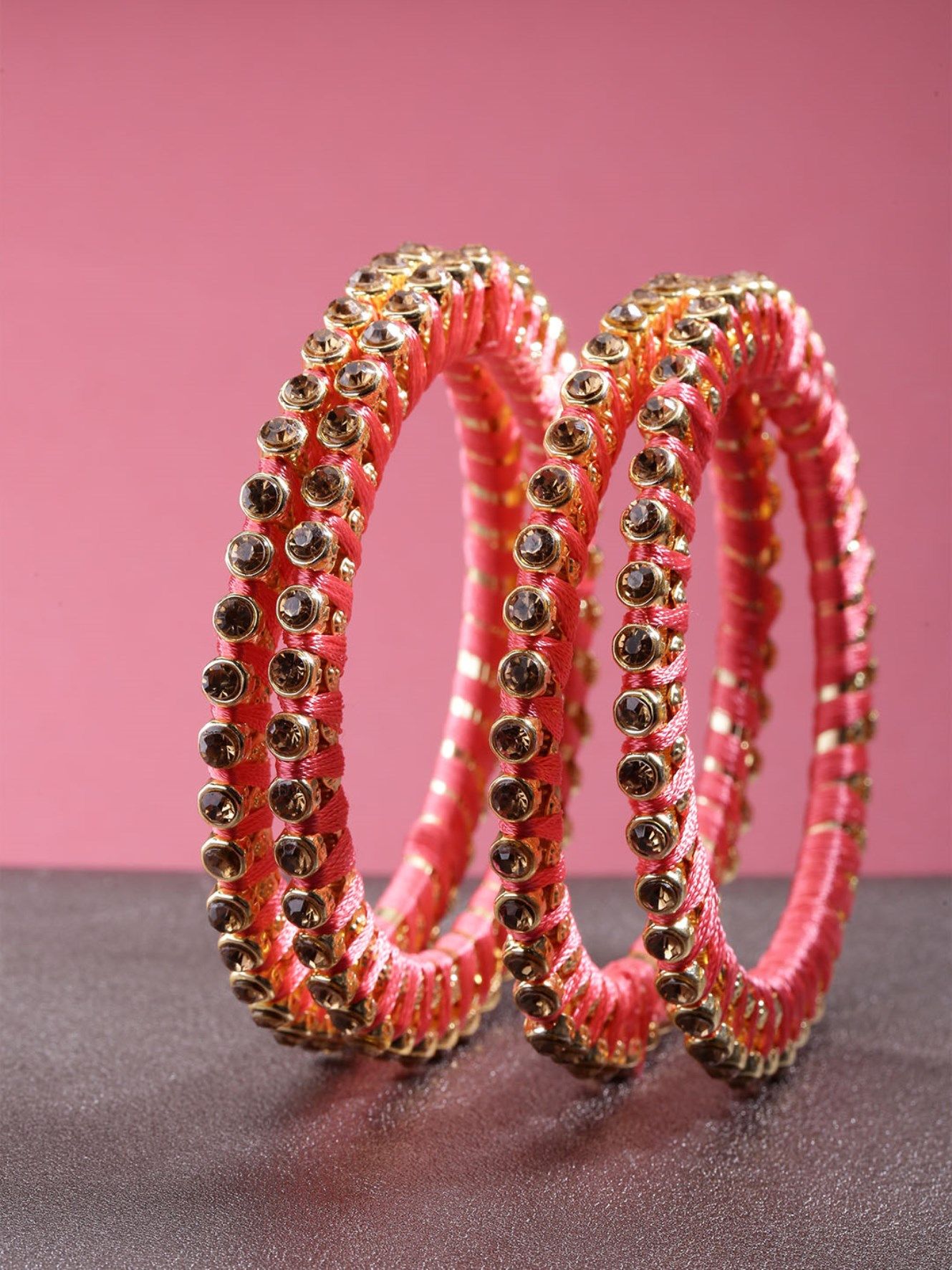 Priyaasi Set Of 4 Pink Gold-Plated Stone-Studded Handcrafted Bangles ...