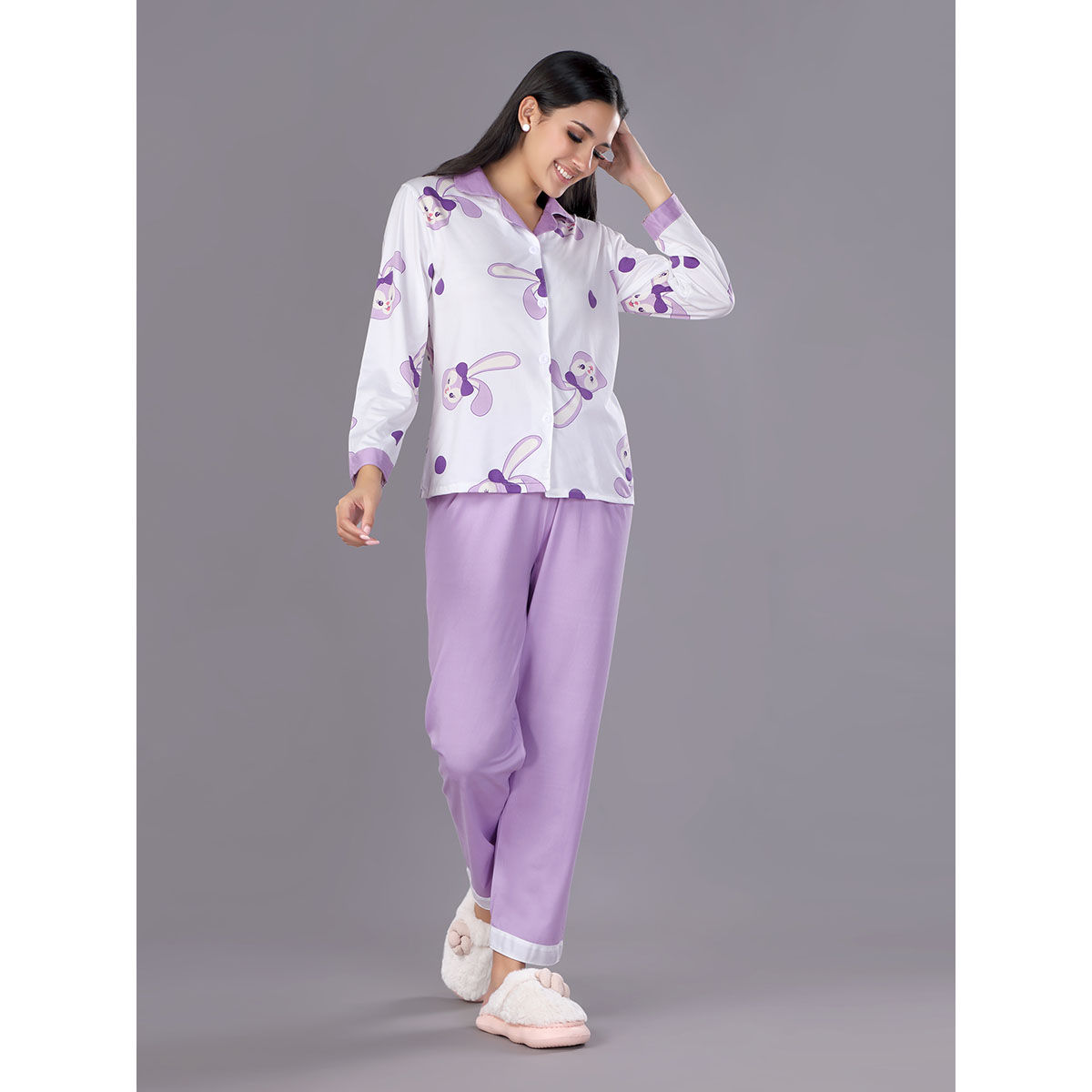 Buy Ansee by Addery White Bunny Print Nightsuit (Set of 2) Online